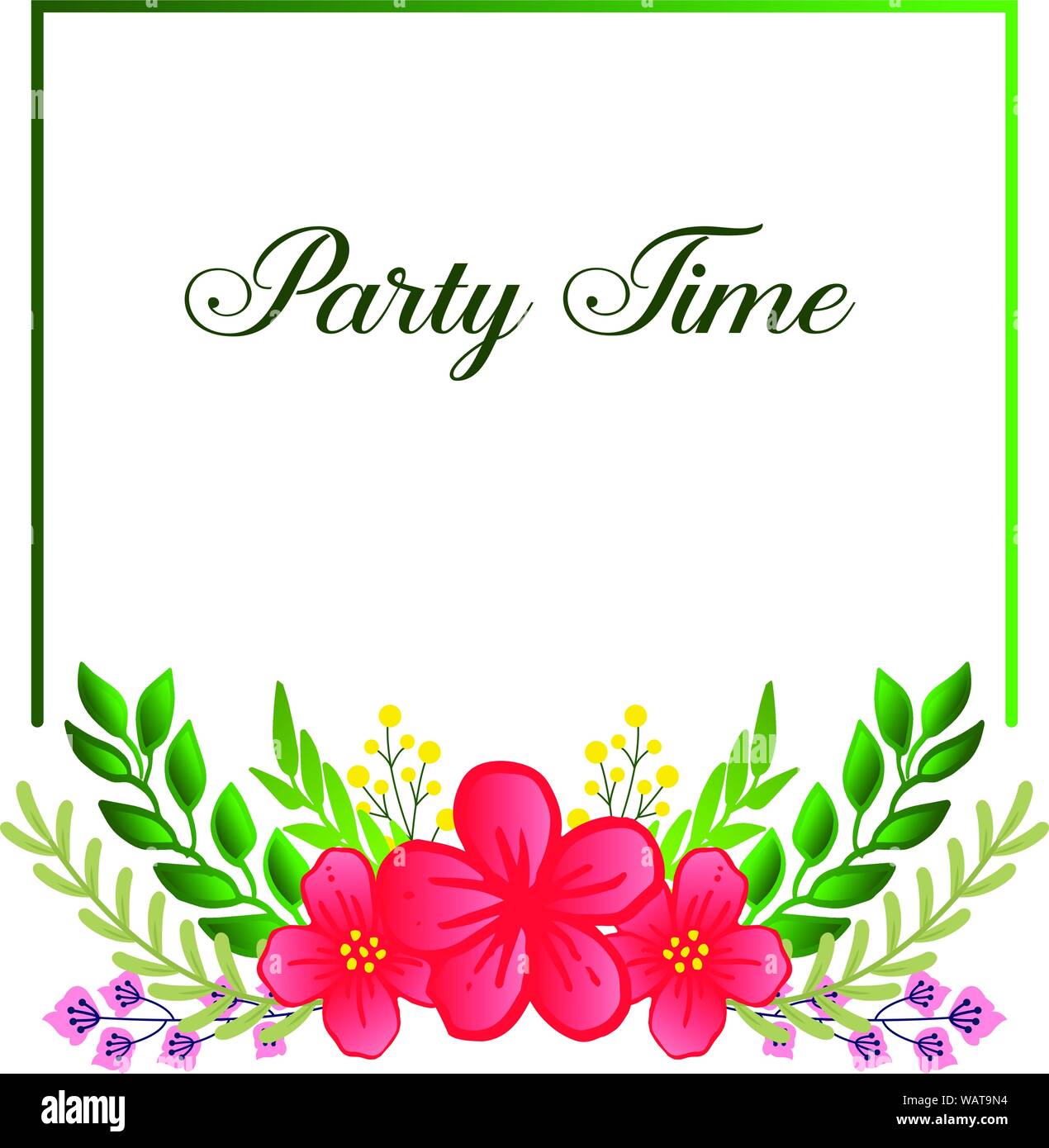Elegant party time card, with green leafy flower frame, isolated on ...