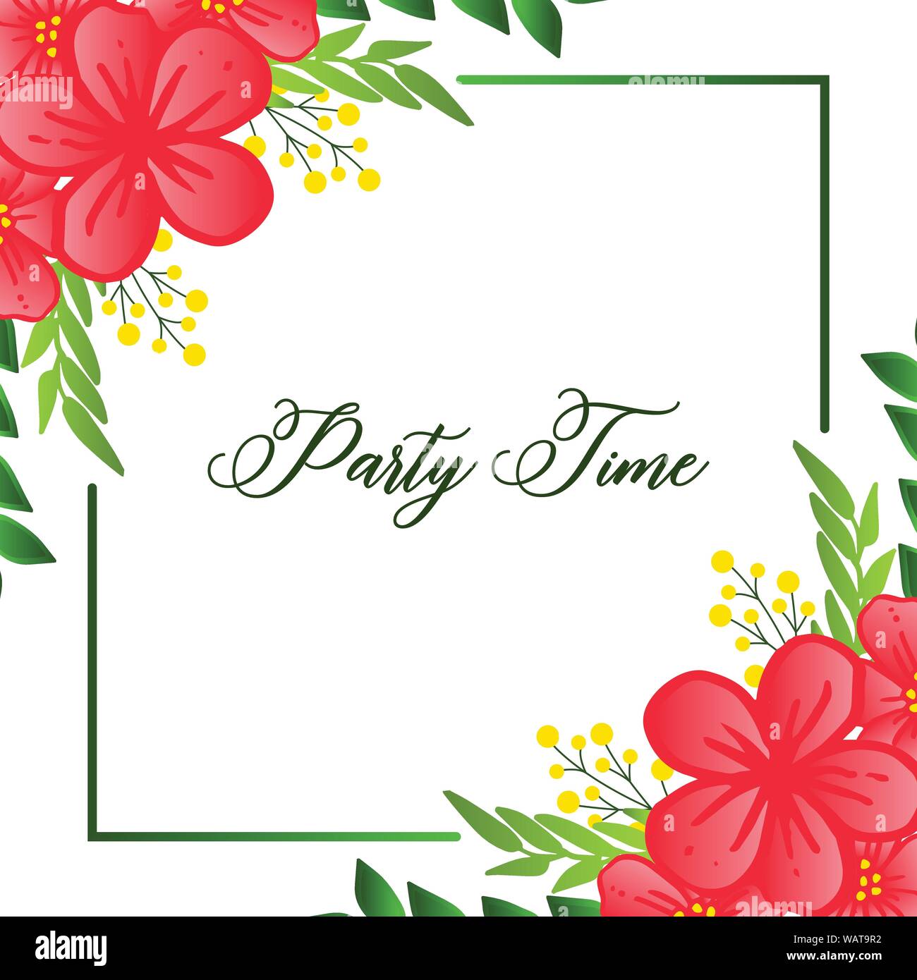 Party time invitation template, with retro style of green leaves and ...