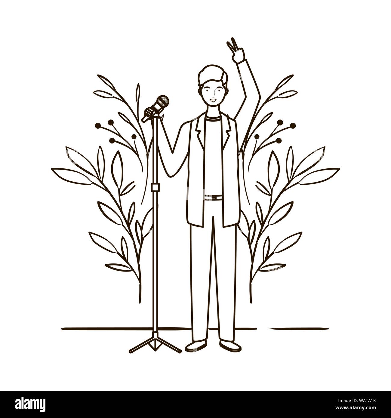 silhouette of man with microphone and branches and leaves in the ...