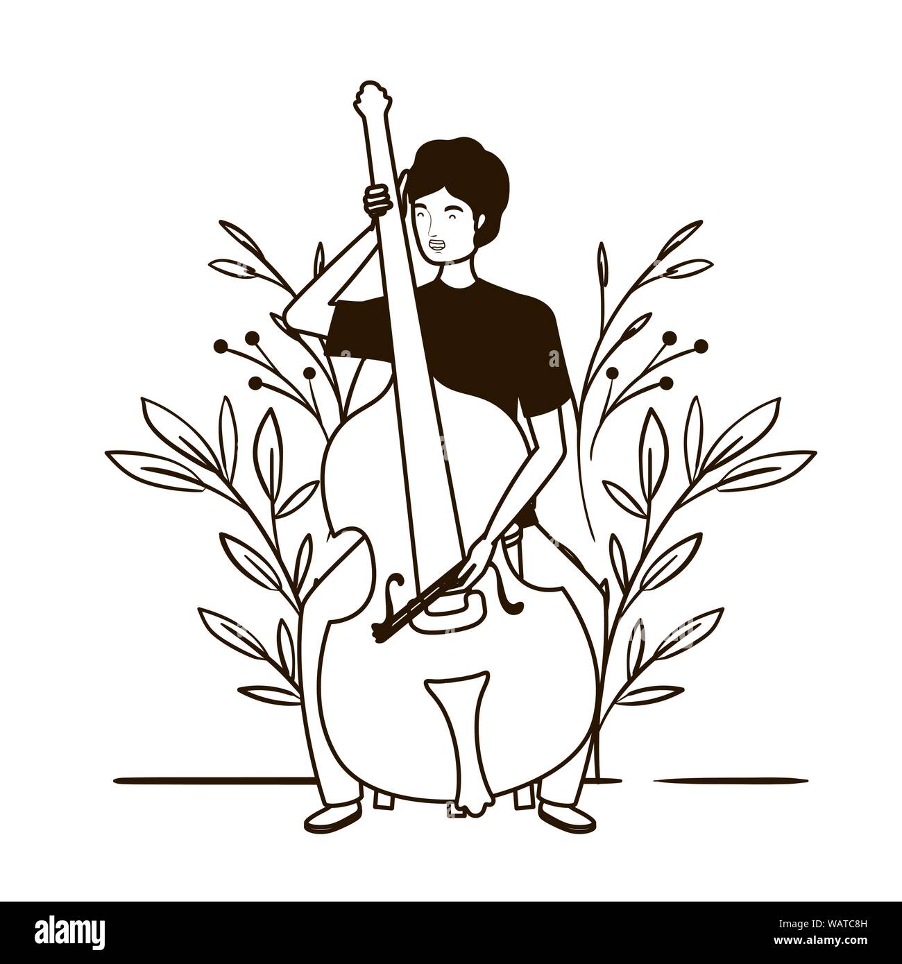 silhouette of man with fiddle and branches and leaves in the background ...