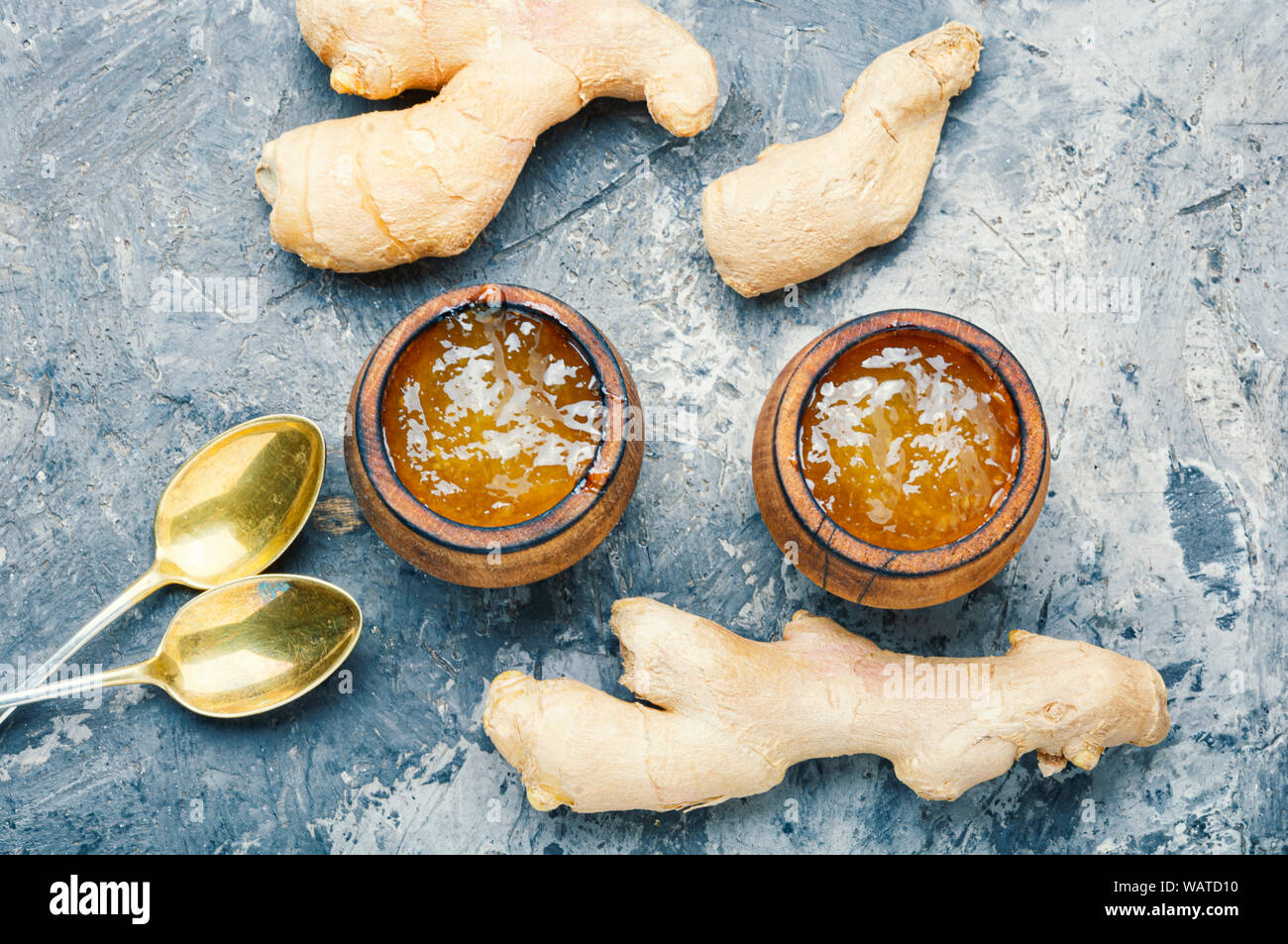 Jam from ginger.Ginger jam.Ginger root jam in a wooden mortar Stock ...
