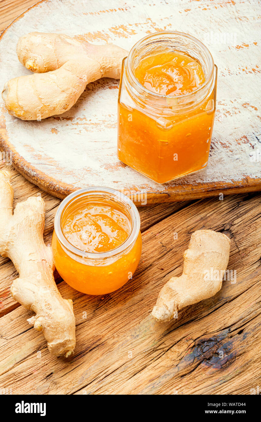 Jam from ginger.Ginger jam.Ginger root jam in a glass jar Stock Photo ...