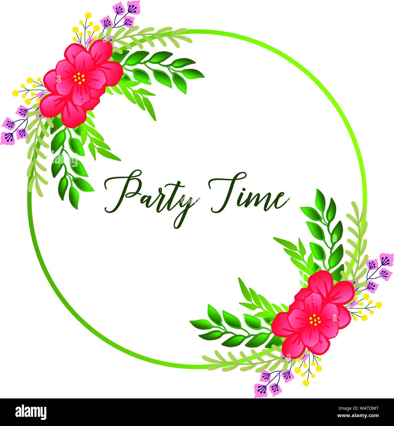 Party time template design, with bright green leafy flower frame ...