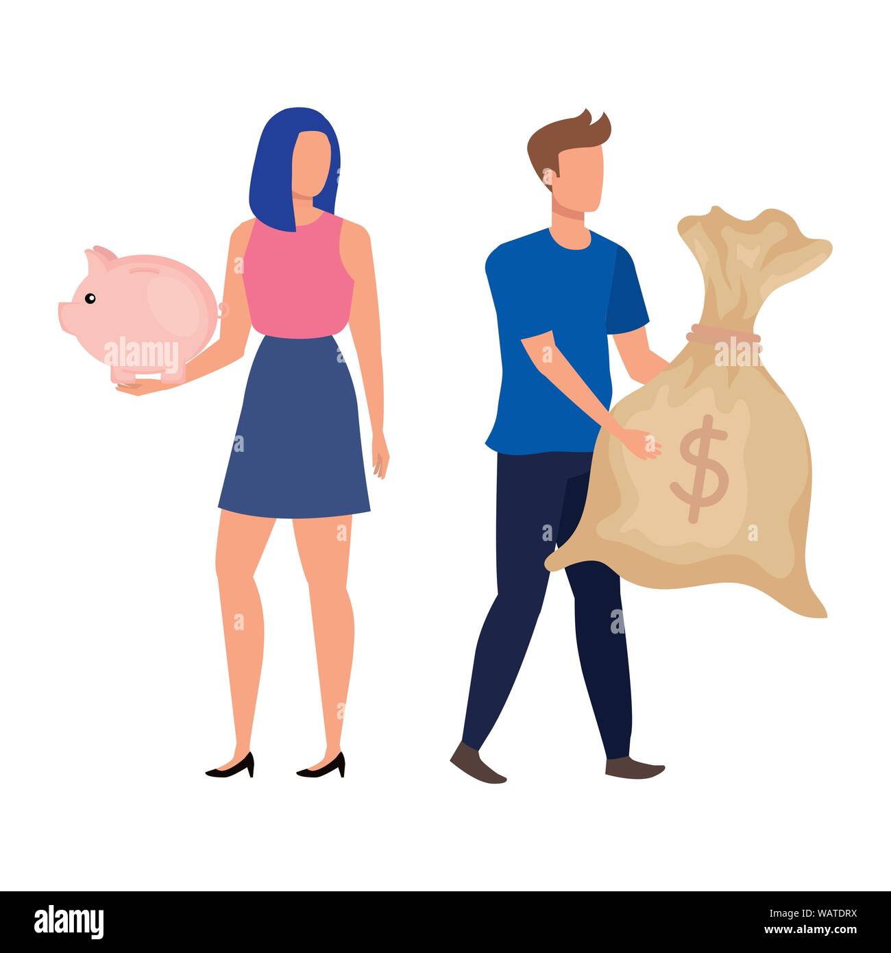 young couple with piggy and money sack characters Stock Vector Image ...