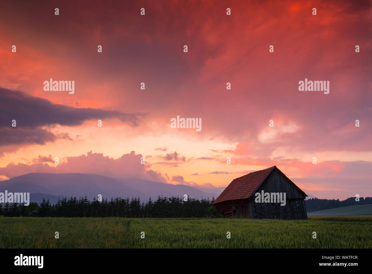 Rural landscape with a traditional barn in Turiec region, central ...