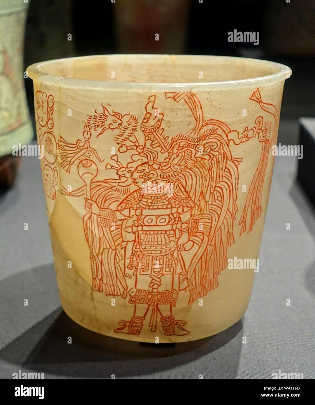 Drinking cup with two men in ceremonial dance costumes, Maya, Copan ...