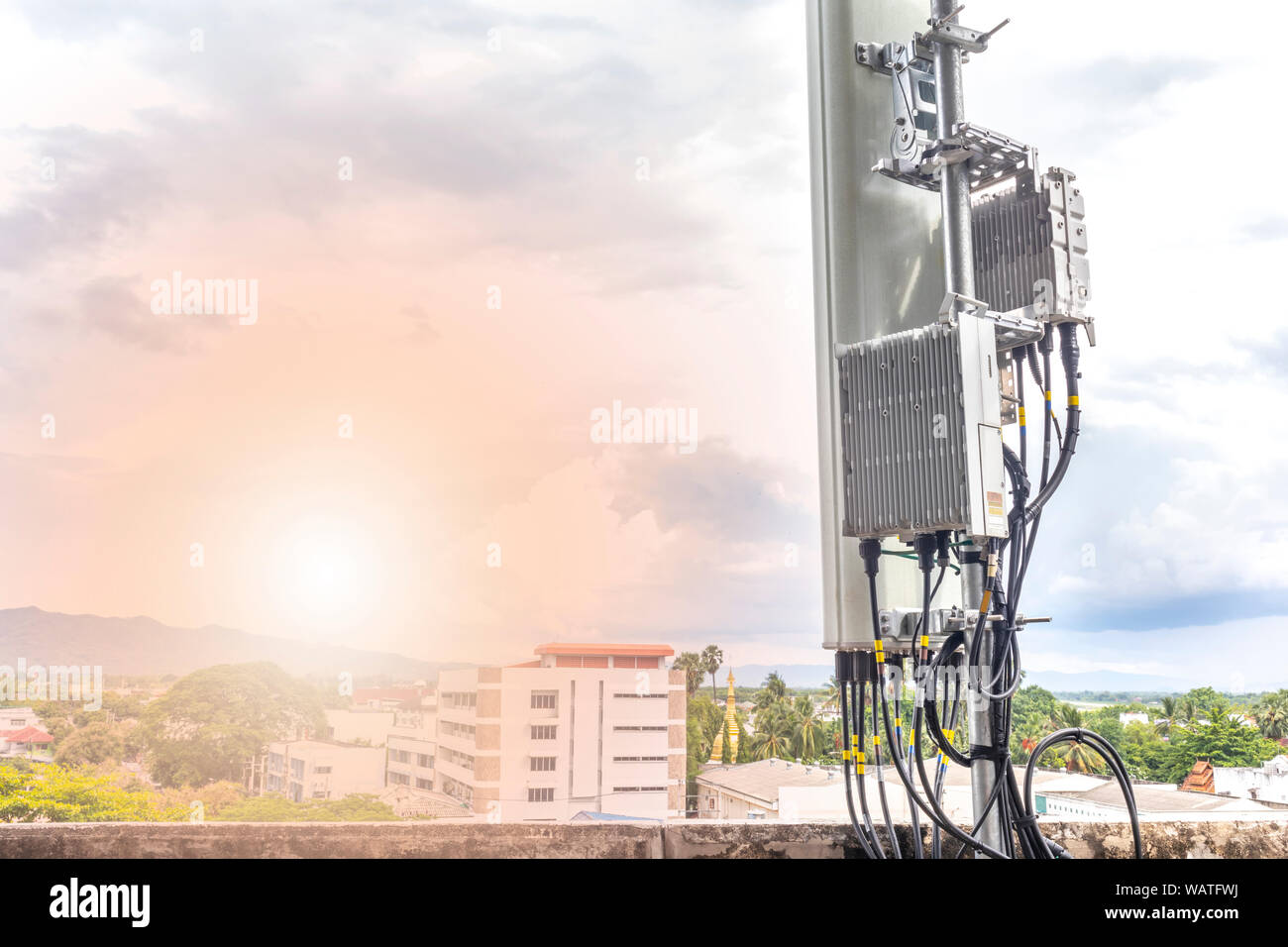 5G smart mobile telephone radio network antenna base station. Transmitter connection system at ...