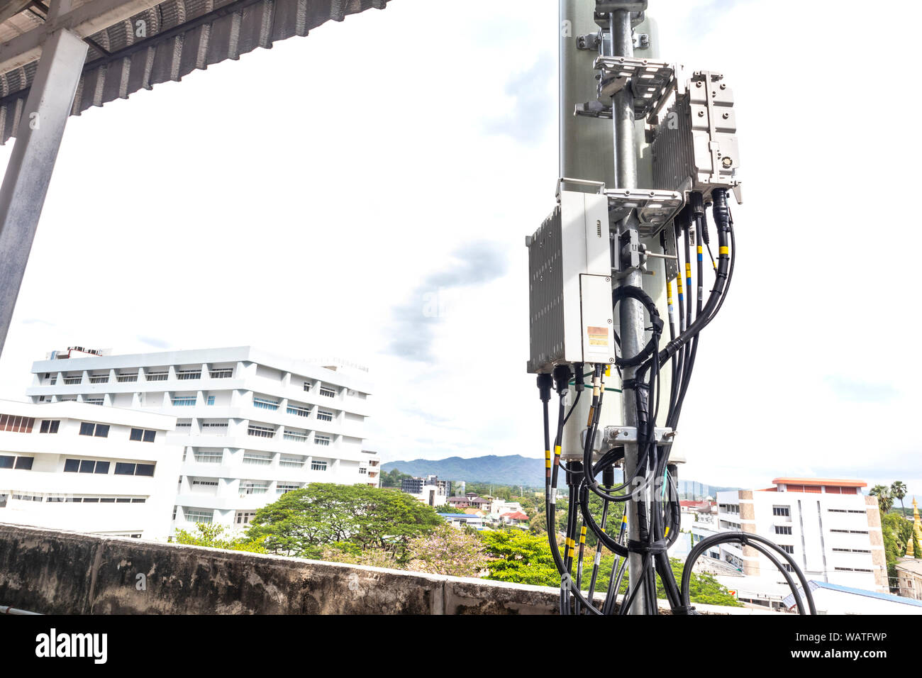 5G smart mobile telephone radio network antenna base station. Transmitter connection system at ...