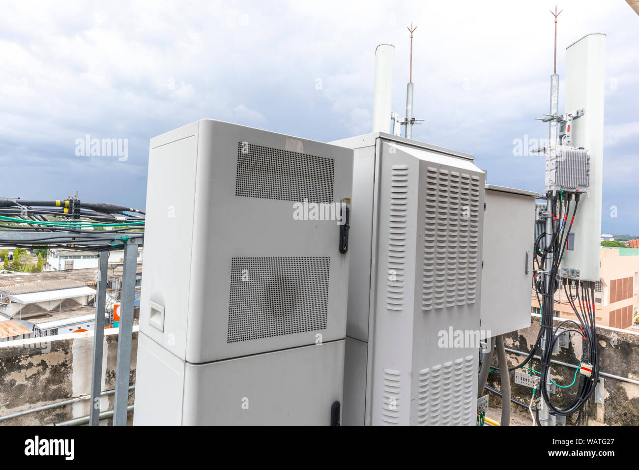 5G smart mobile telephone radio network antenna base station. Transmitter connection system at ...
