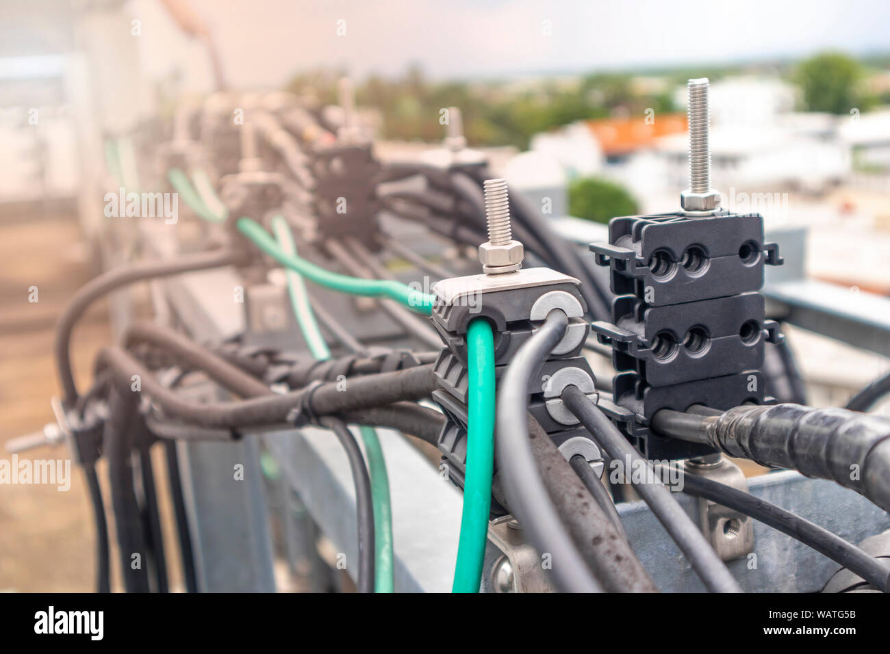 Electric wire and cable line Fiber glass. 5G smart mobile telephone ...