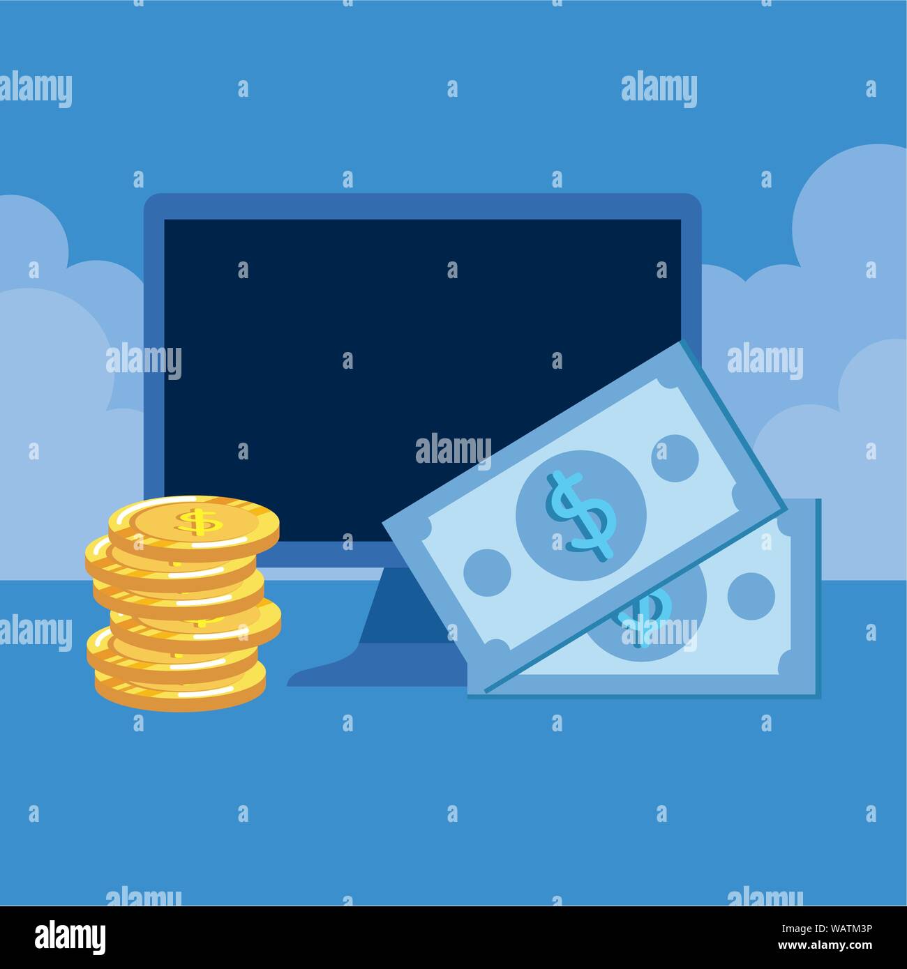 desktop computer with bills and coins Stock Vector Image & Art - Alamy