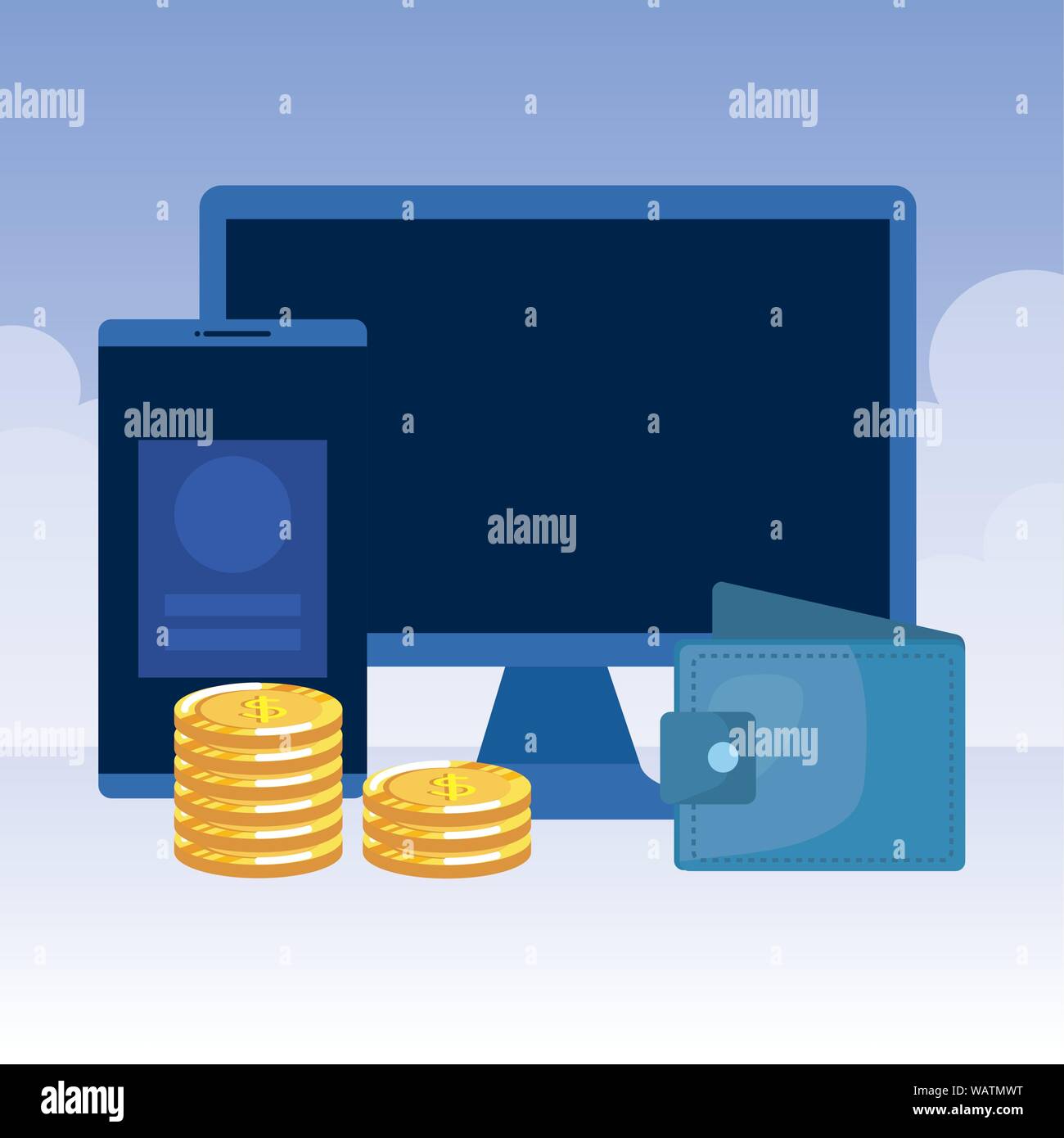 desktop computer with wallet and coins Stock Vector Image & Art - Alamy