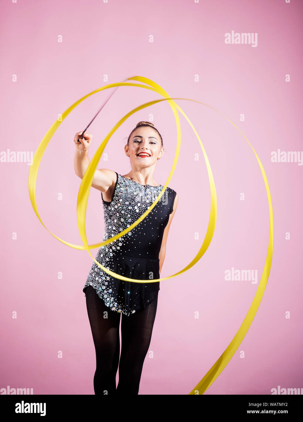 Sport success and health. sport workout of woman with gymnastic ribbon ...