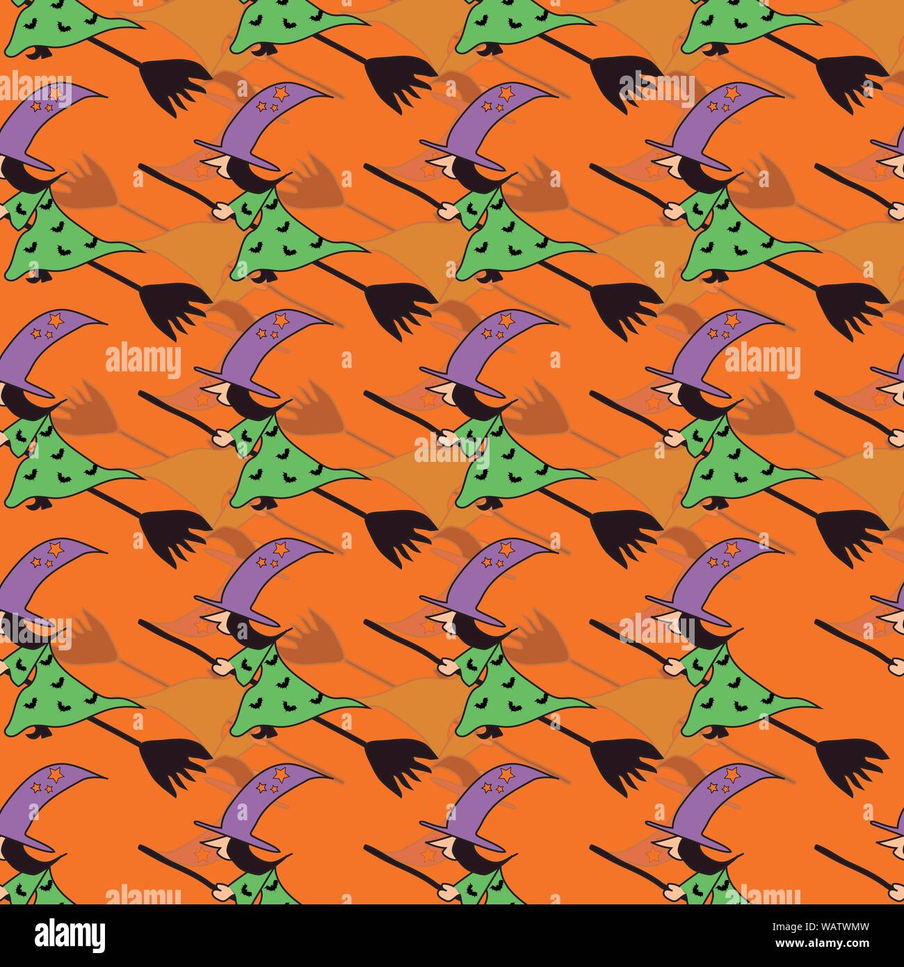 Fun hand drawn Halloween witch seamless pattern background Stock Vector ...