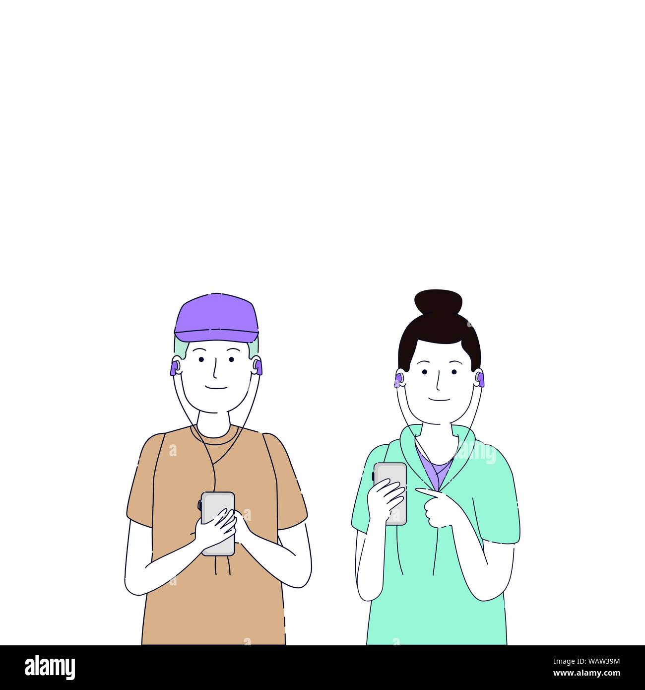 young couple friends listen music with player Stock Vector Image & Art ...