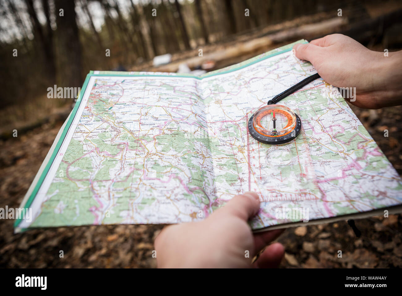 man holding compass and map in the forest Stock Photo - Alamy