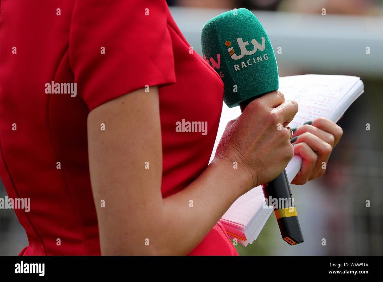 York, UK. 21st Aug, 2019. Francesca Cumani Itv Microphone Itv Horse ...