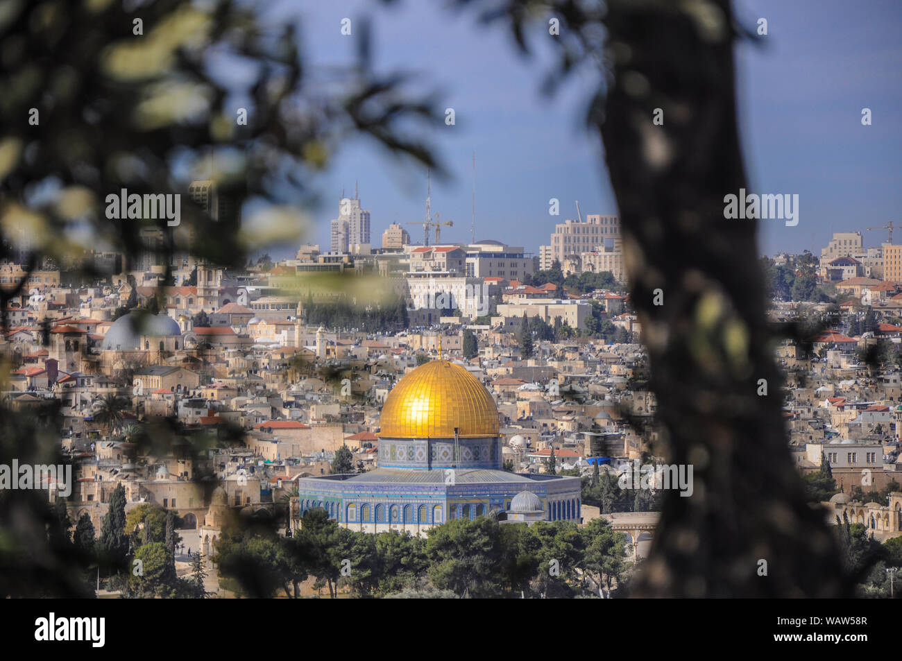 Jerusalem old town skyline with the dome of the rock in the center ...