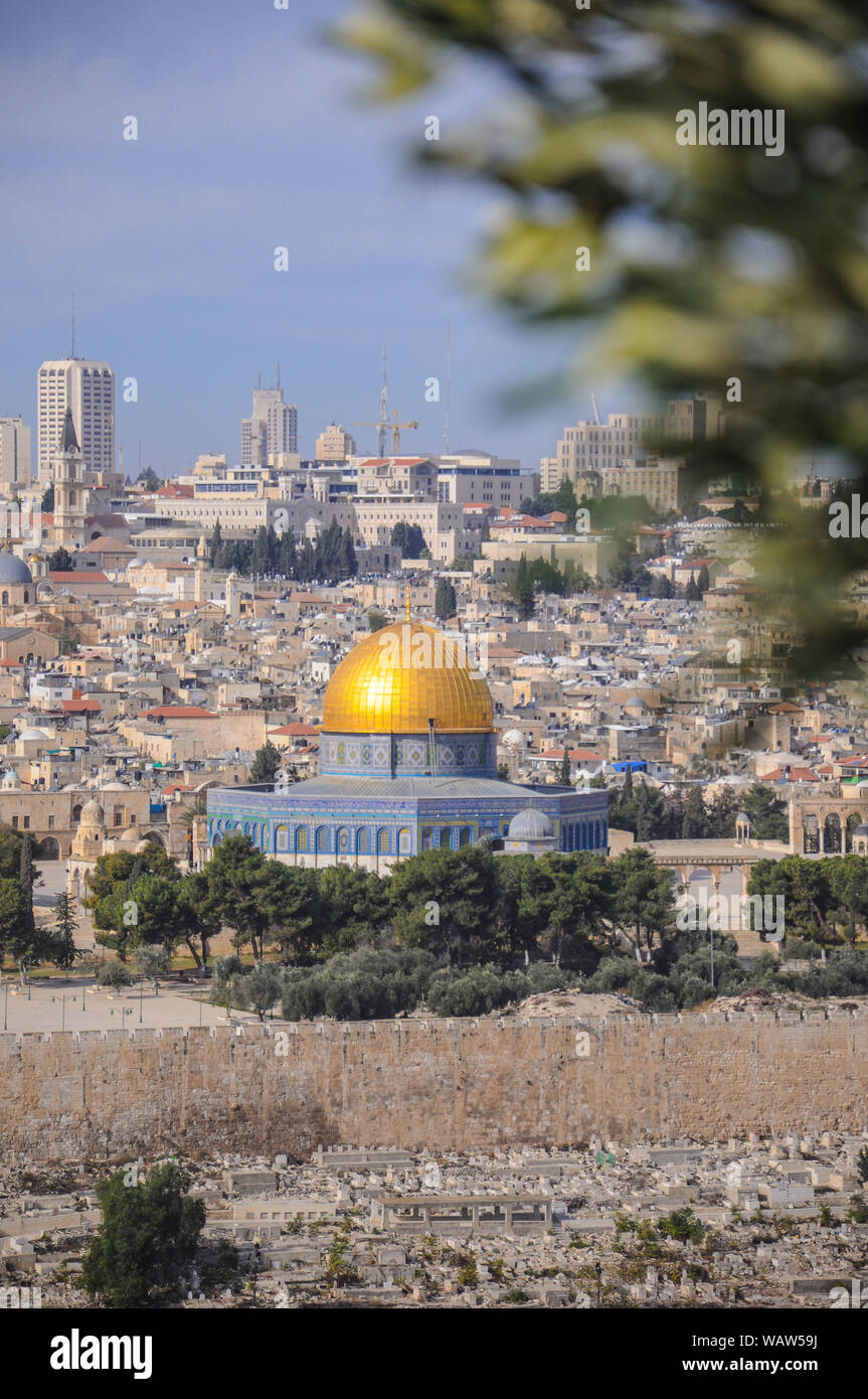 Jerusalem old town skyline with the dome of the rock in the center ...