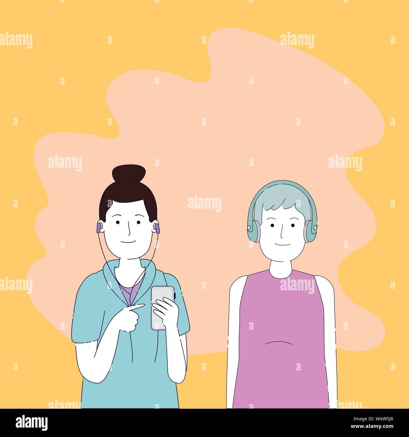 young couple friends listen music with player Stock Vector Image & Art ...