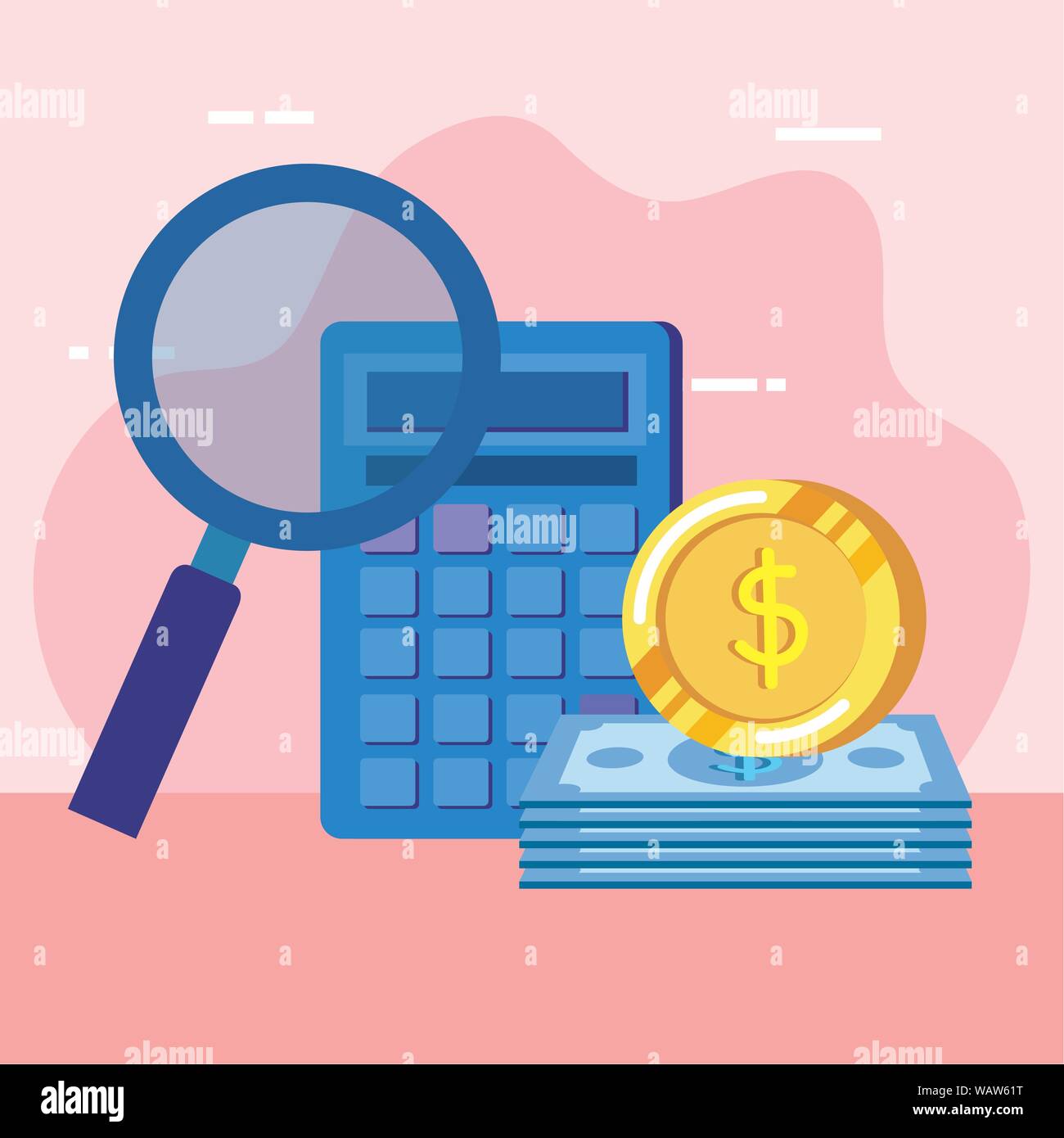 calculator math with magnifying glass and money Stock Vector Image ...