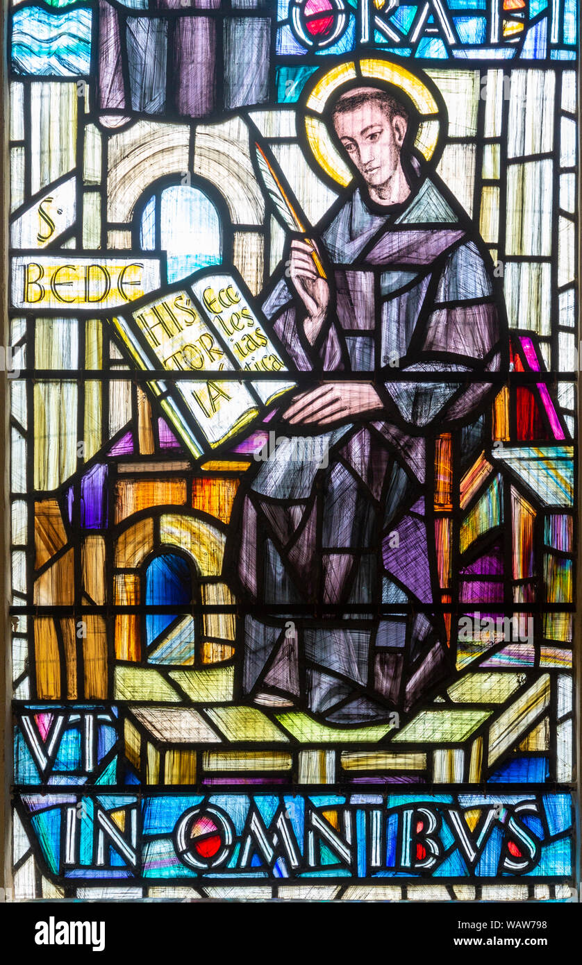 Stained glass window detail Venerable Saint Bede, Bauchon chapel ...