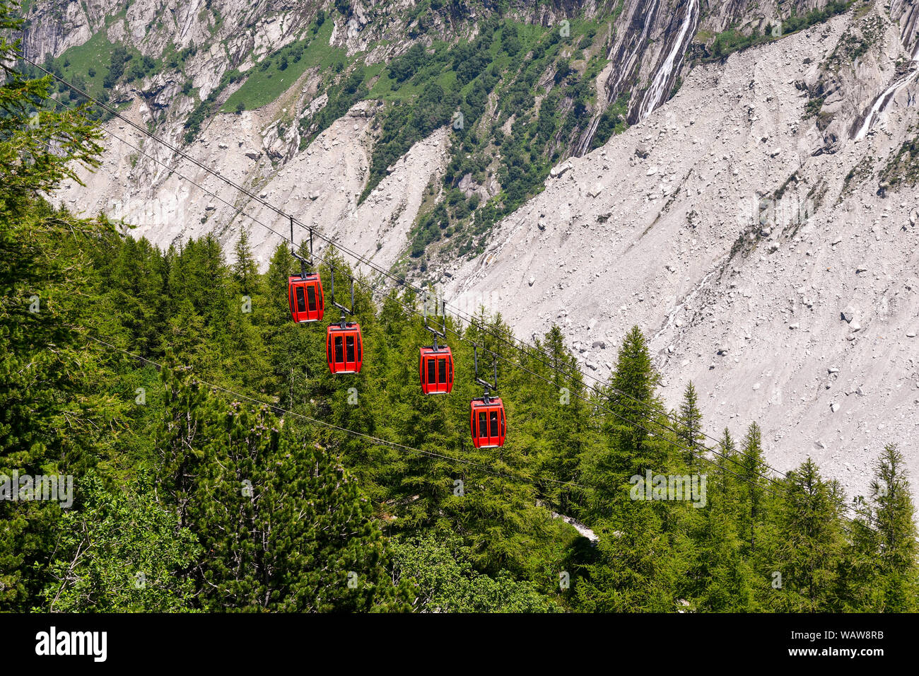View of the cable car of Montenvers with gondola lifts taking tourists ...