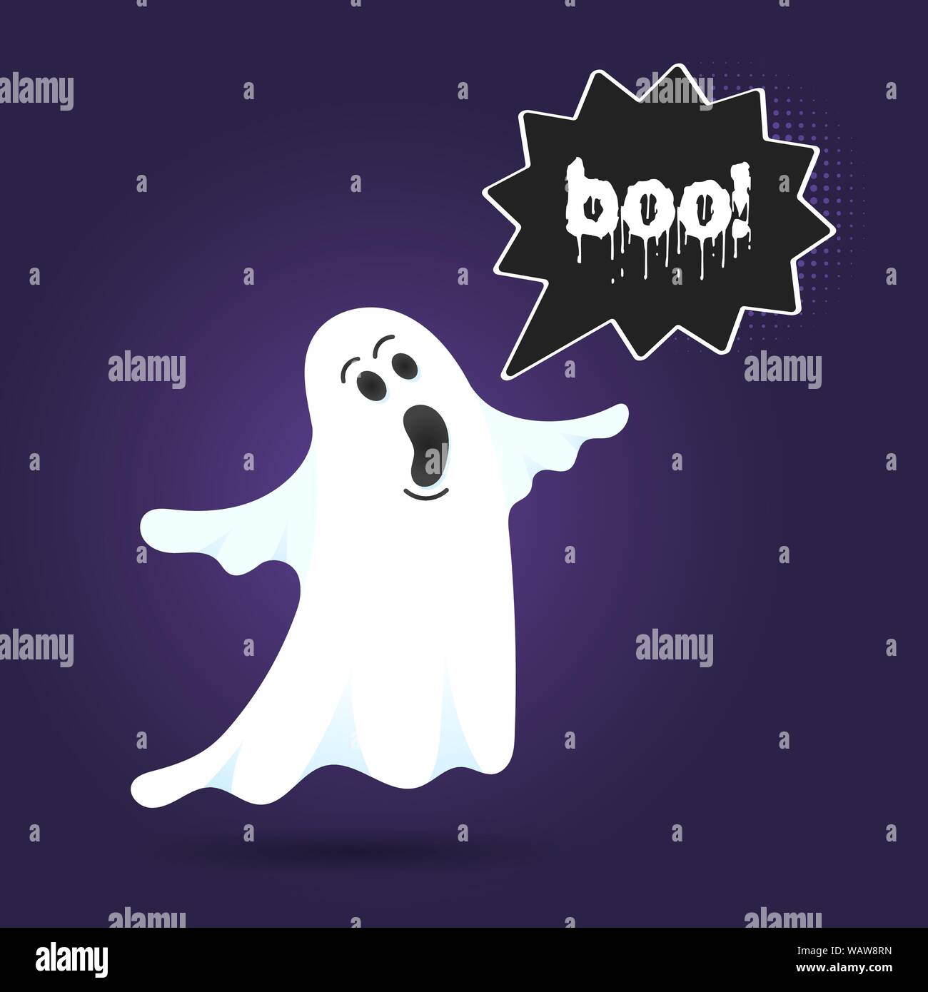 Flying halloween funny spooky ghost character say BOO with text space ...