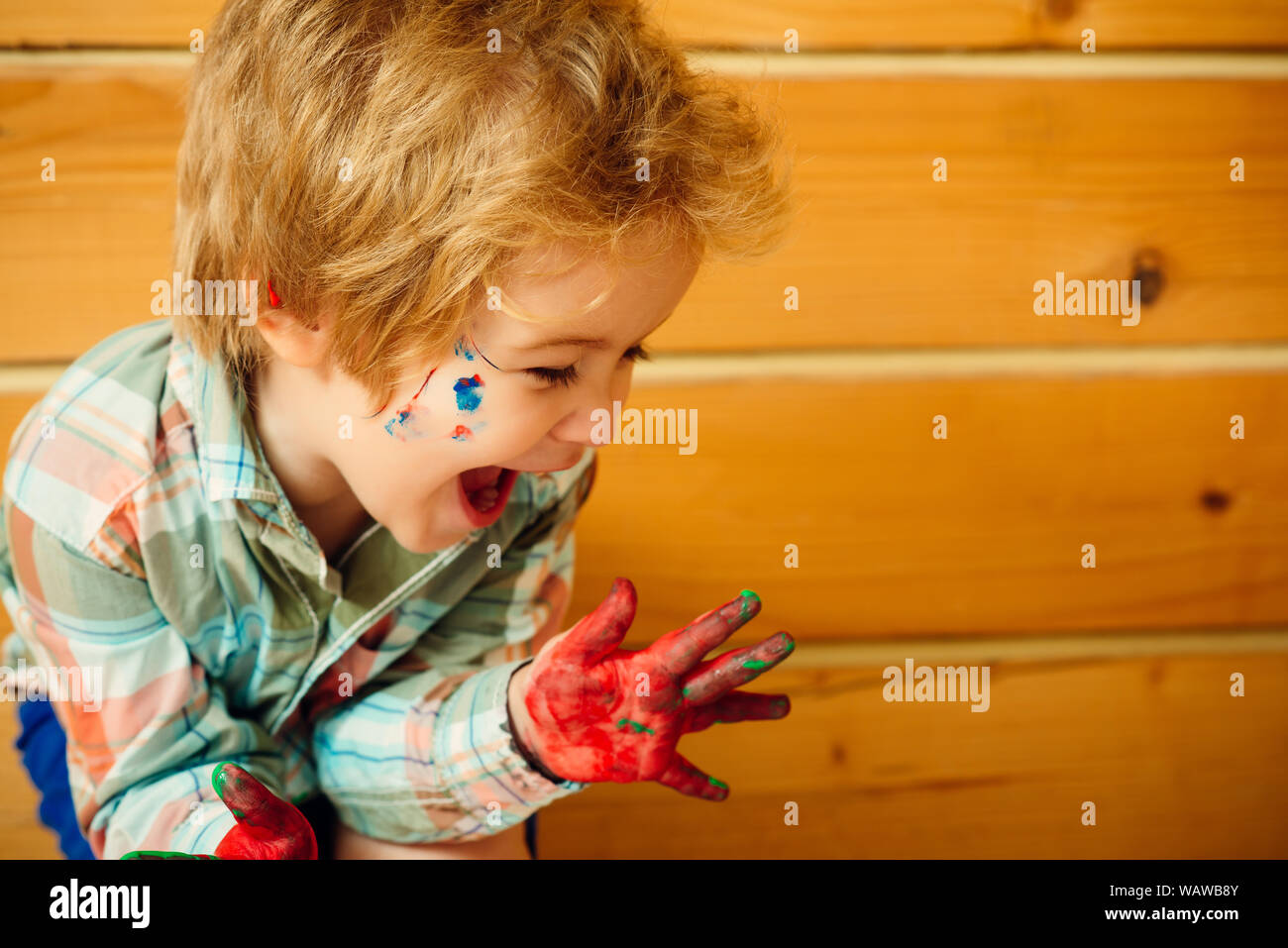 Handprint painting concept. Child with hands colored with paint ...