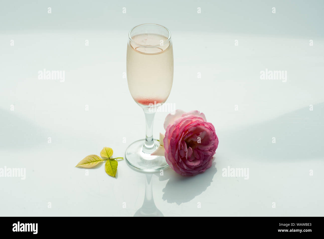 Party and summer vacation. Alcoholic beverage and rose flower at ...