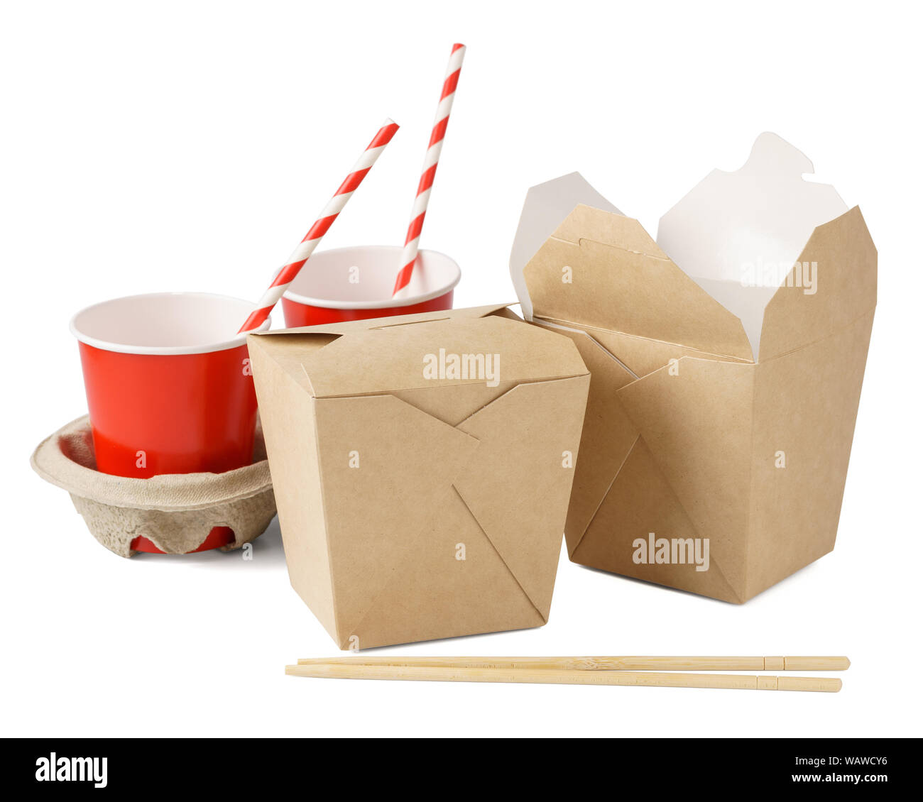 Various cardboard containers for food delivery. Kraft paper cups and ...