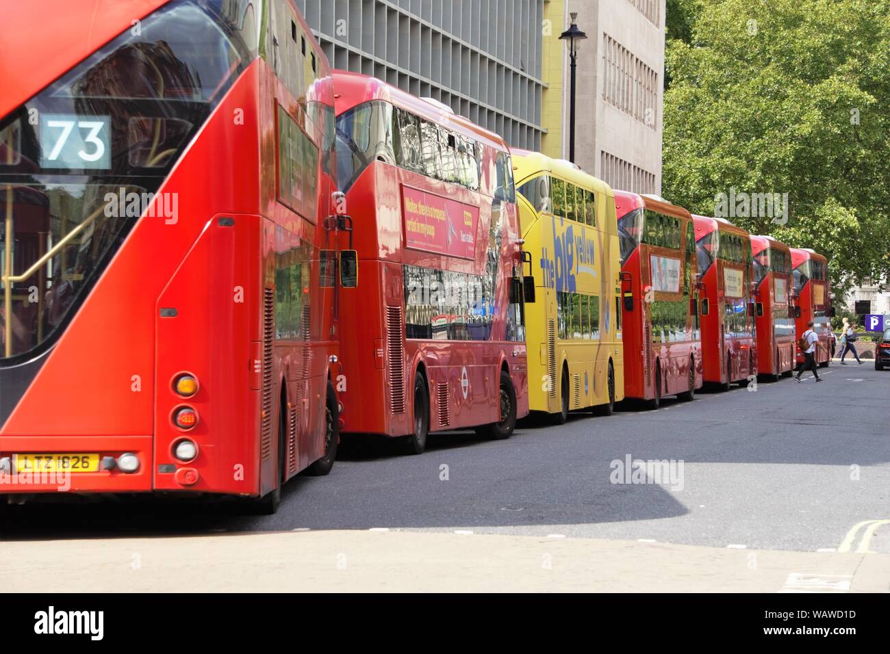 Seven iconic Transport for London double-decker buses waiting near ...