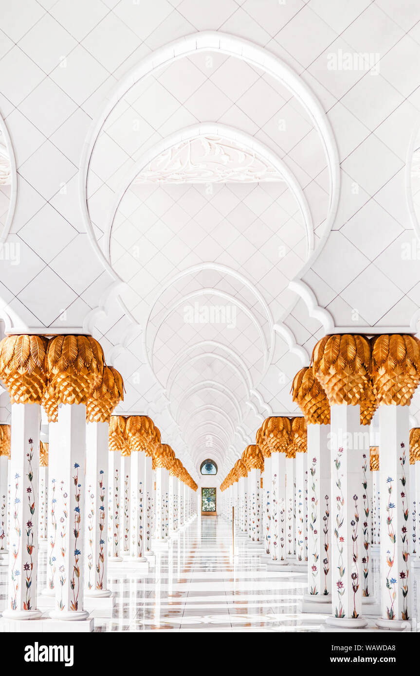 Sheikh Zayed Mosque`s hallway corridor with white arches inspired from ...