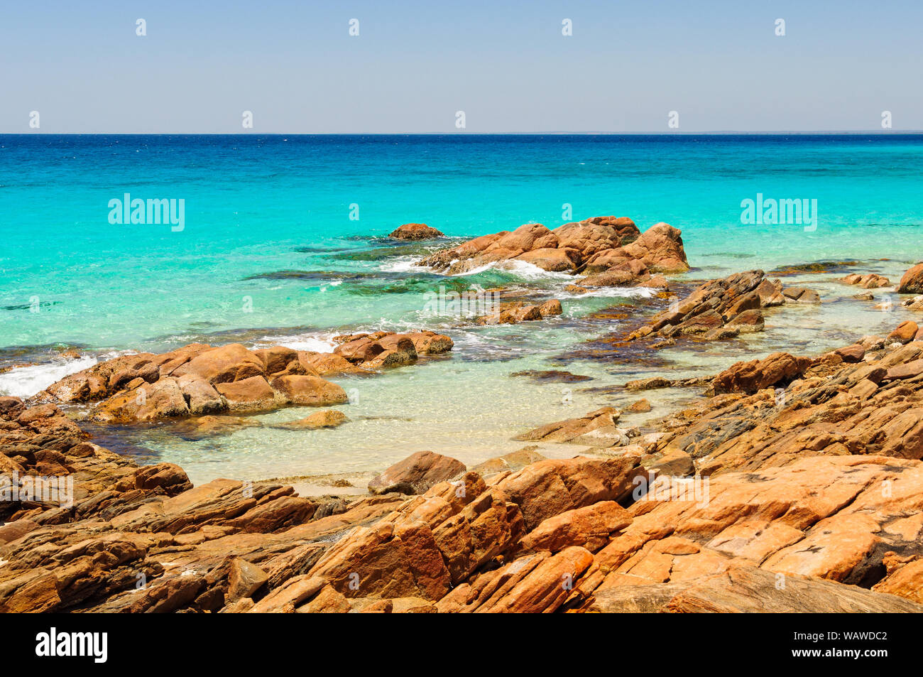 Orange rocks and turquoise water on Meelup Beach - Dunsborough, WA ...