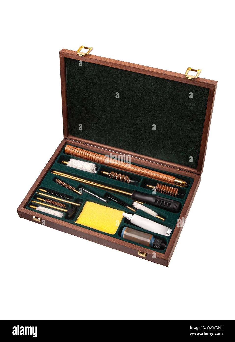 Set for cleaning weapons in a wooden case isolate on a white background ...