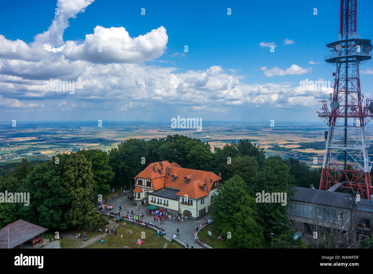 Radio and TV mast and restaurant at the top of Sleza Mountain in lower ...