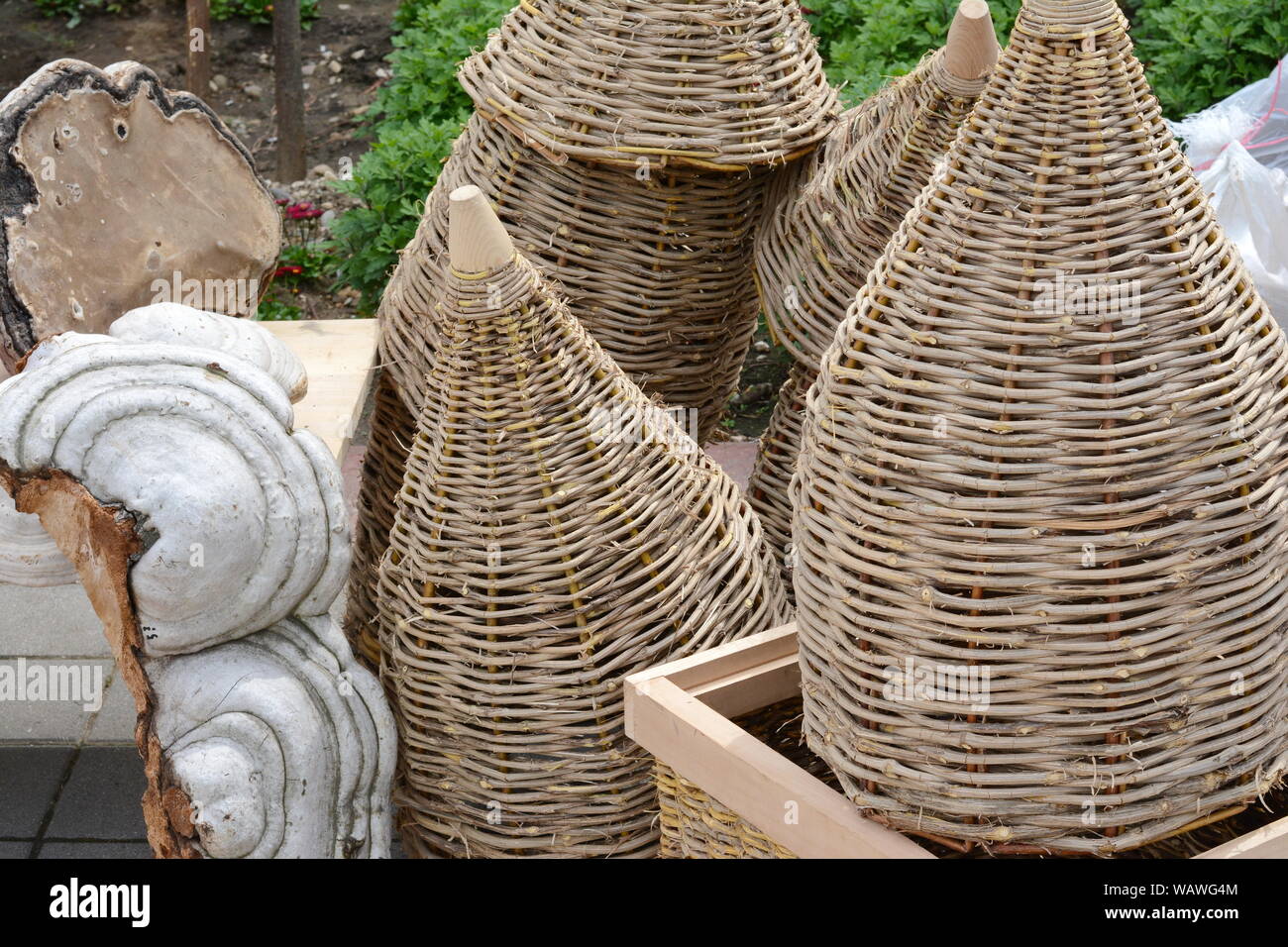 Wicker bee hive. Straw Bee Hive Stock Photo - Alamy