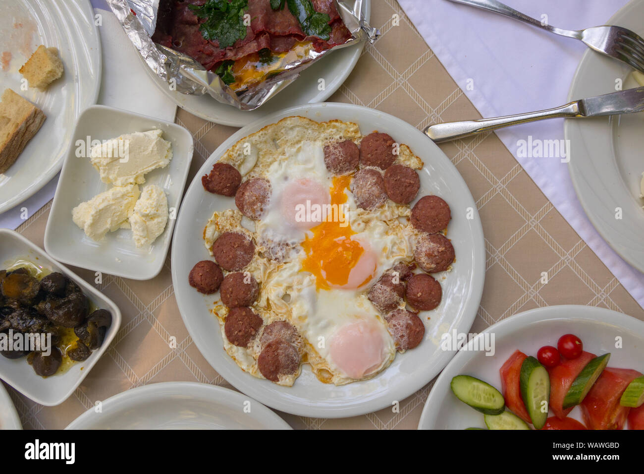 traditional turkish breakfast and sausage eggs Stock Photo - Alamy