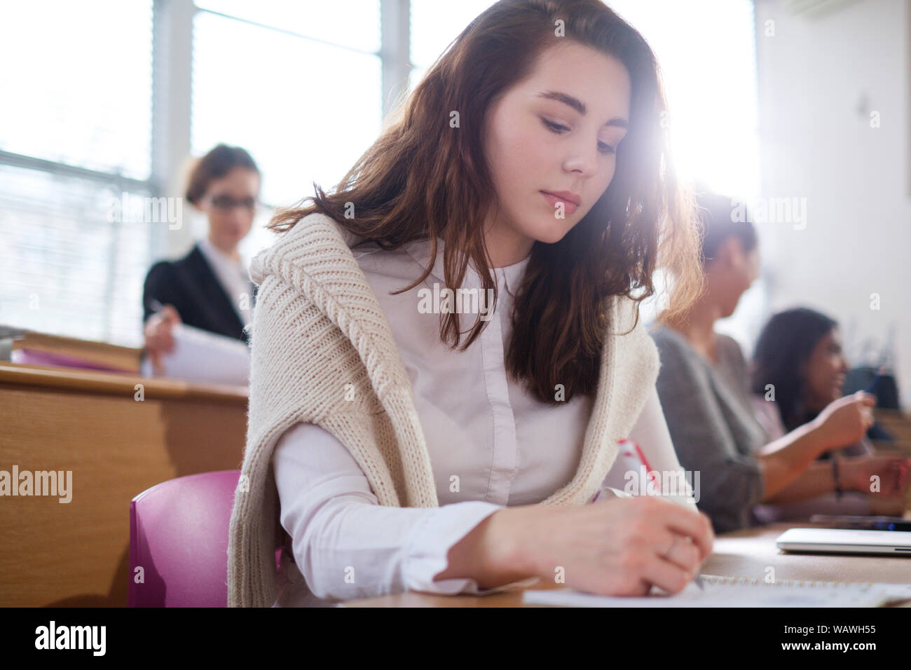 Beautiful girl taking notes in multinational group of students in an ...