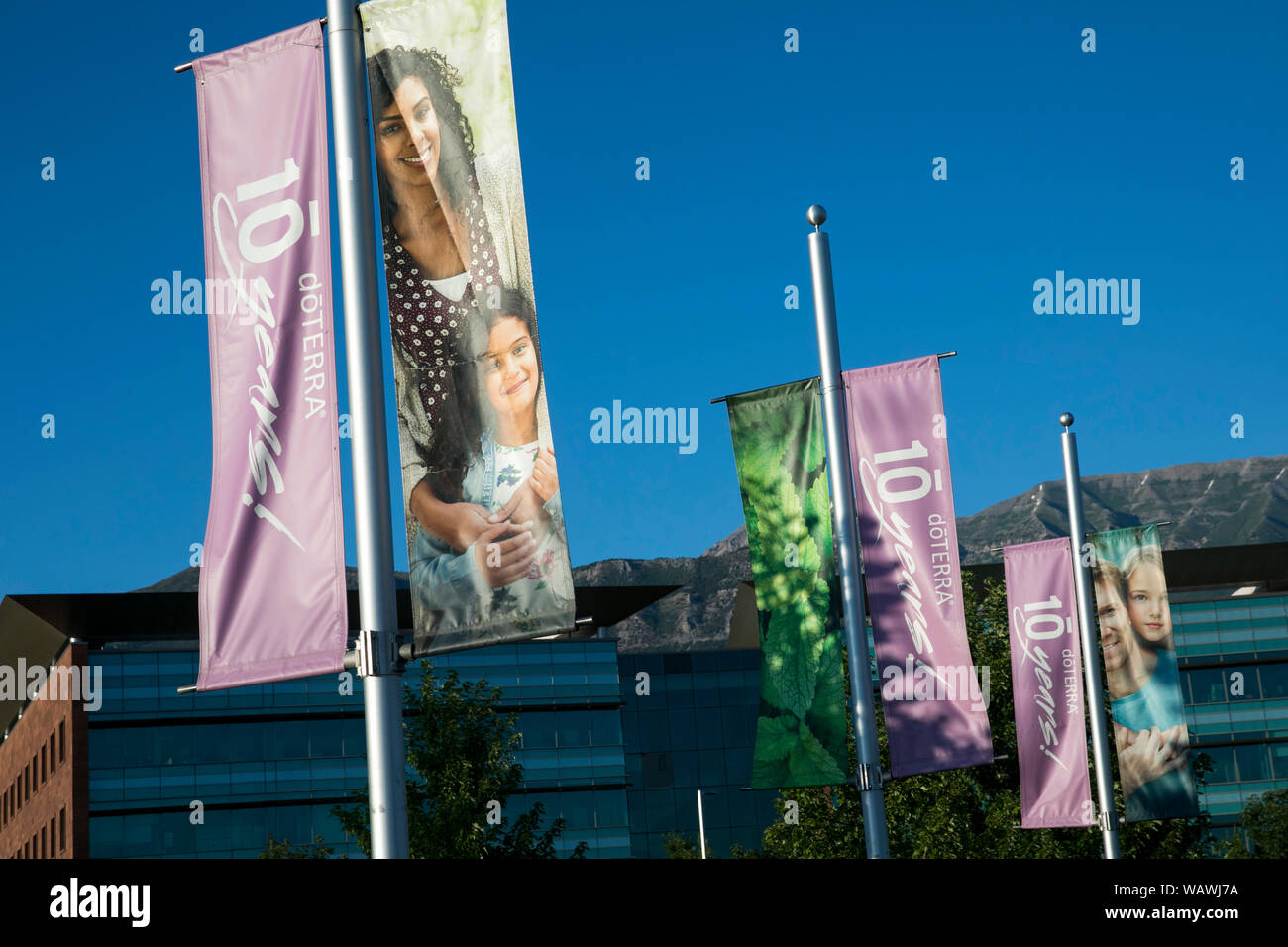A logo sign outside of the headquarters of doTerra in Pleasant Grove ...