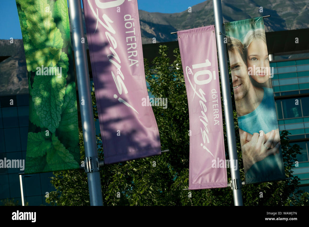 A logo sign outside of the headquarters of doTerra in Pleasant Grove ...