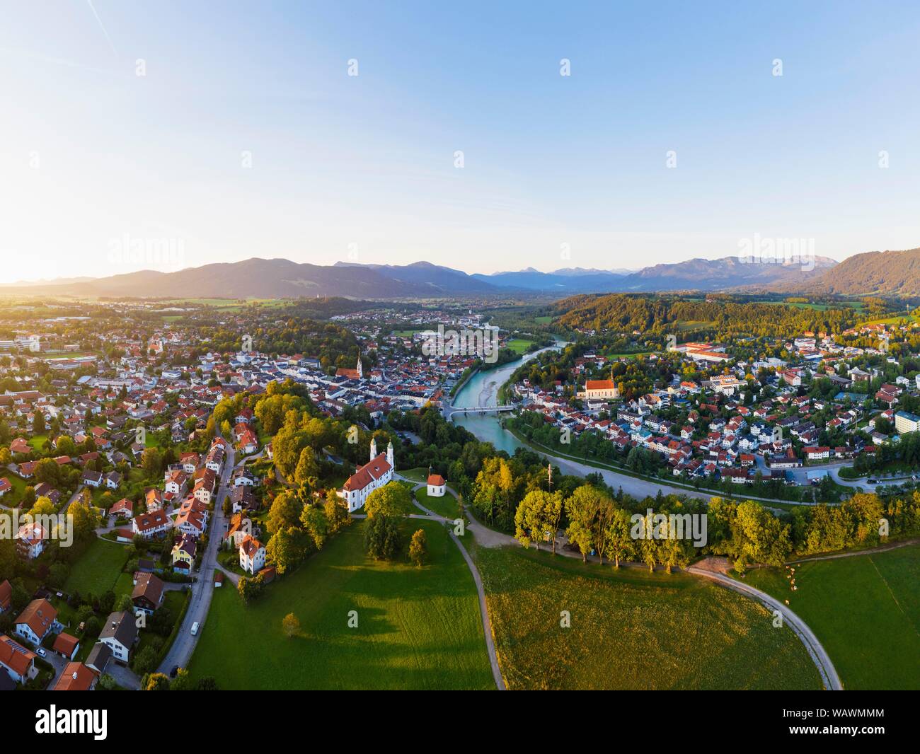 Bad Tolz with Calvary and Isar at sunrise, Isarwinkel, aerial view ...