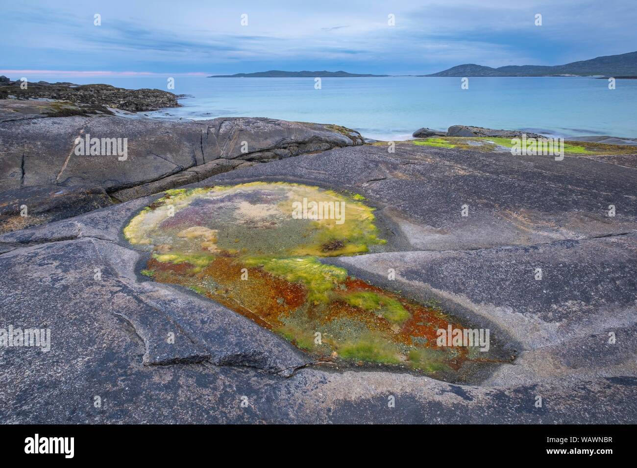 Small tidal pool on a rock, Atlantic coast at low tide, Isle of Harris ...