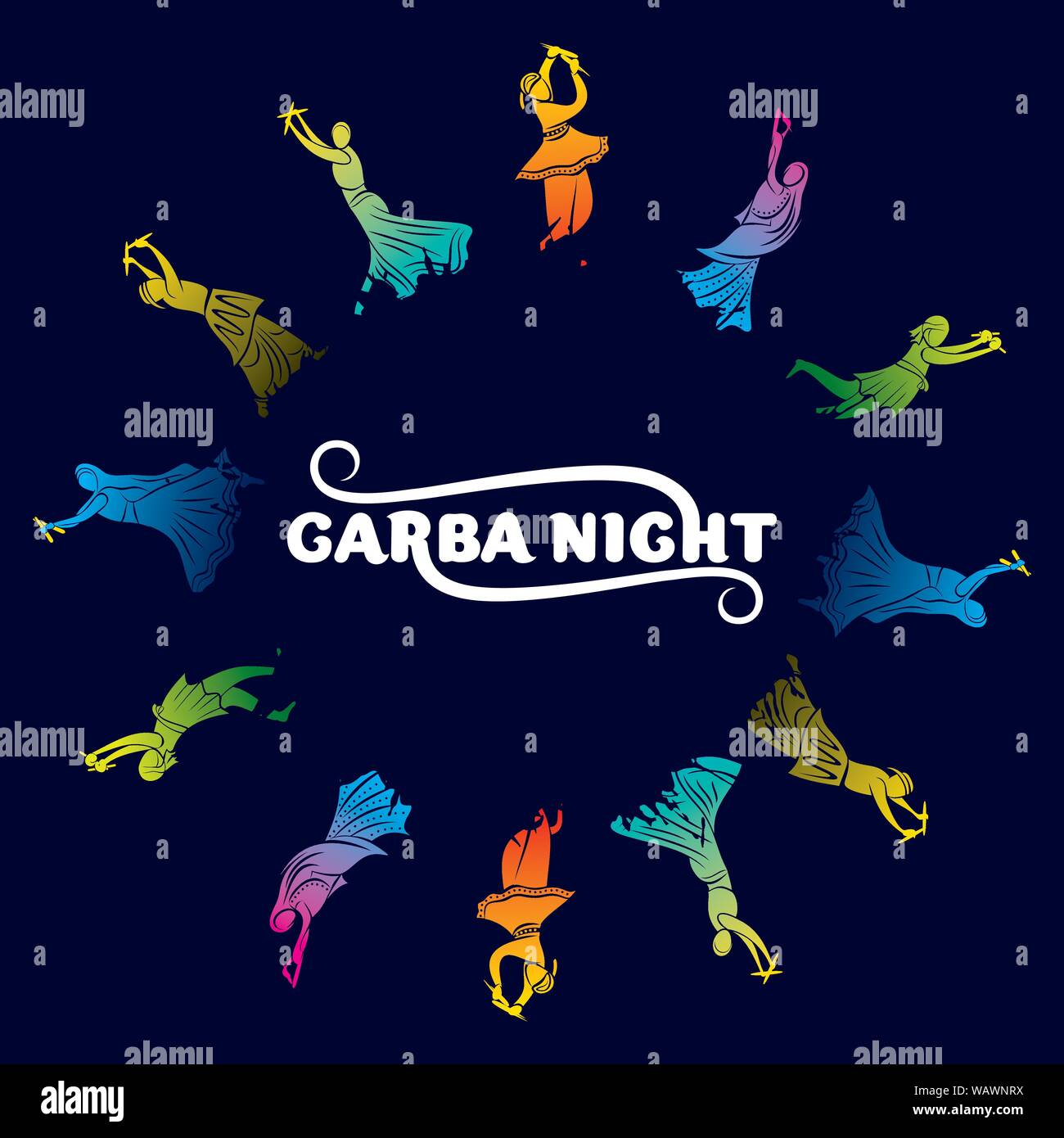 creative colorful navratri festival, couple playing garba or dandiya ...