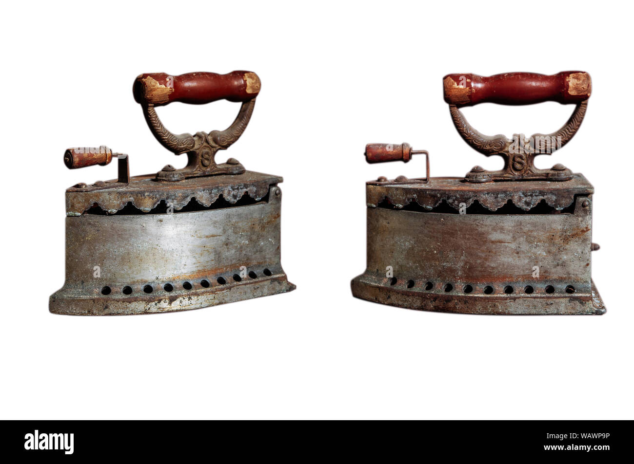 Beautiful old vintage rustic antique iron with wood handle isolated on ...