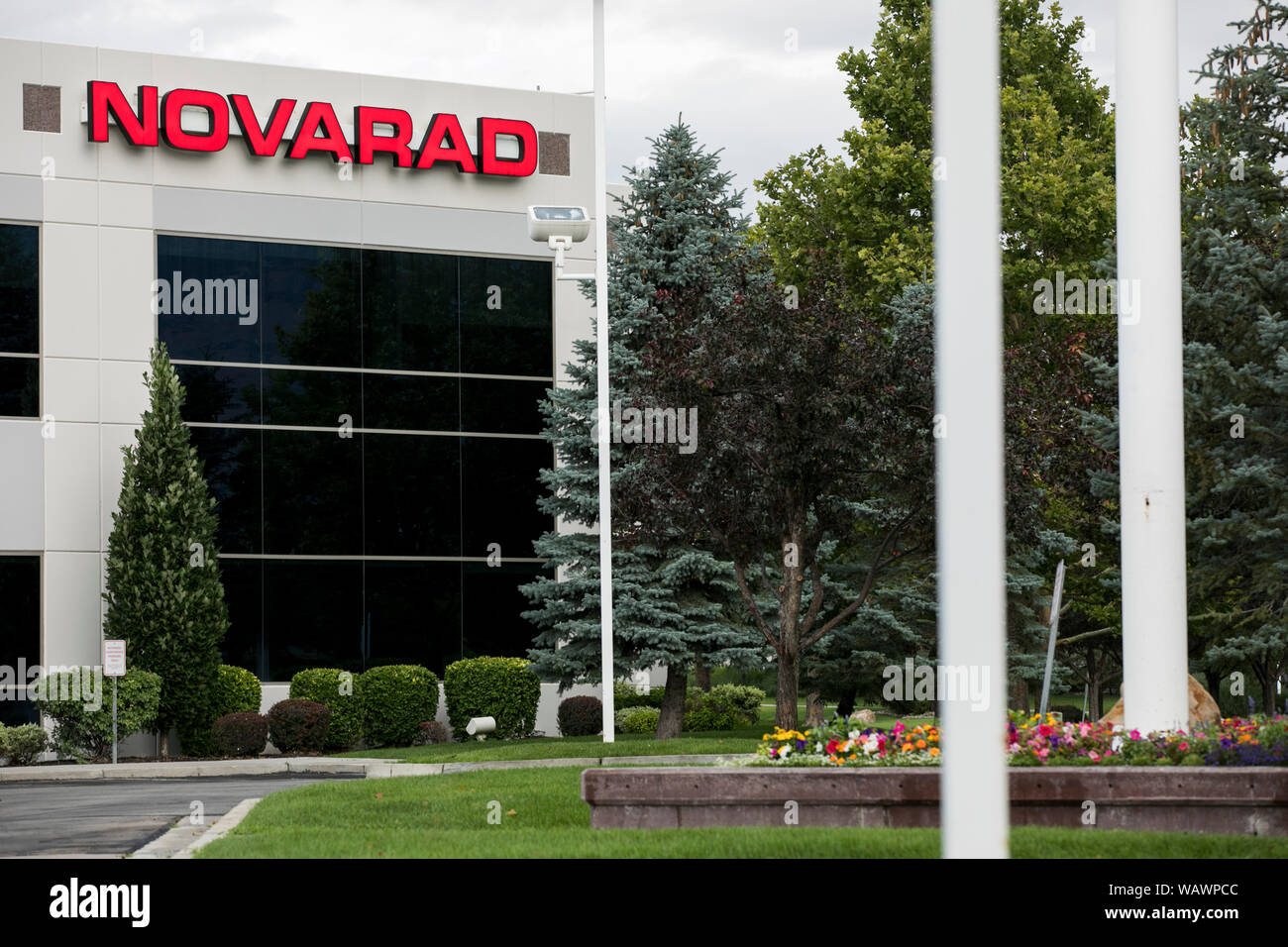 A logo sign outside of the headquarters of Novarad in American Fork ...