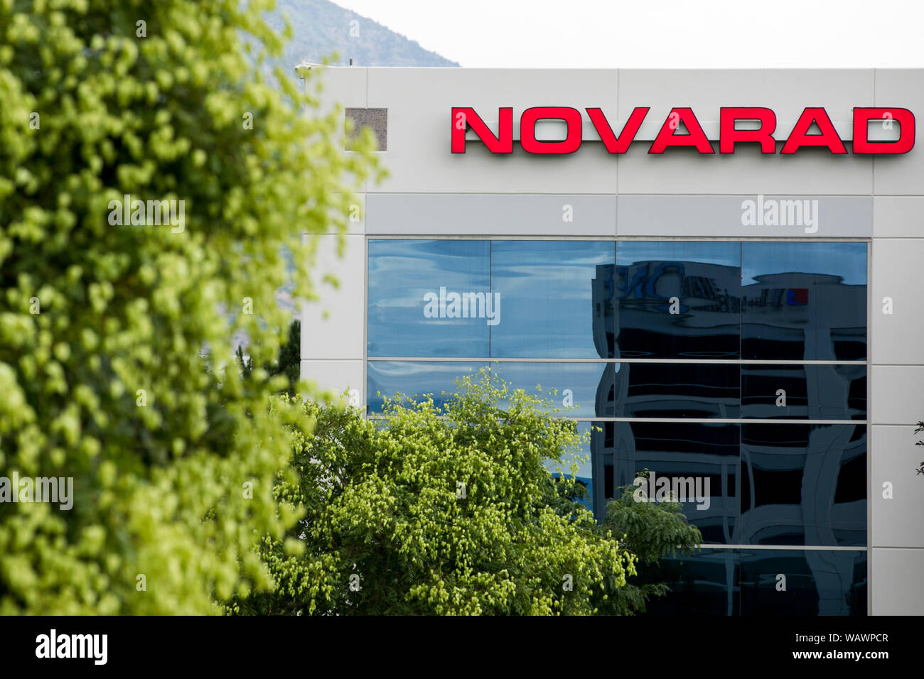 A logo sign outside of the headquarters of Novarad in American Fork ...