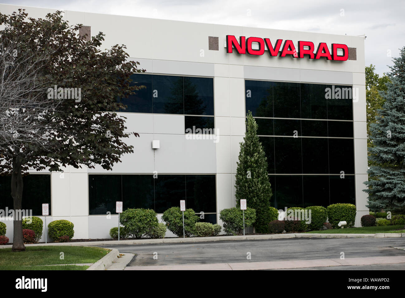 A logo sign outside of the headquarters of Novarad in American Fork ...