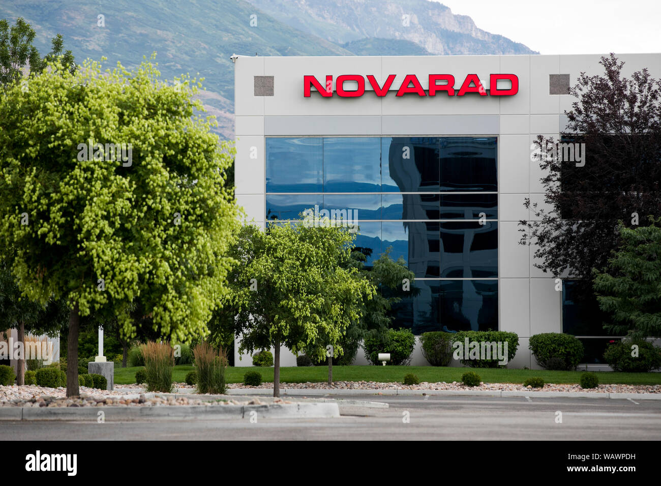 A logo sign outside of the headquarters of Novarad in American Fork ...