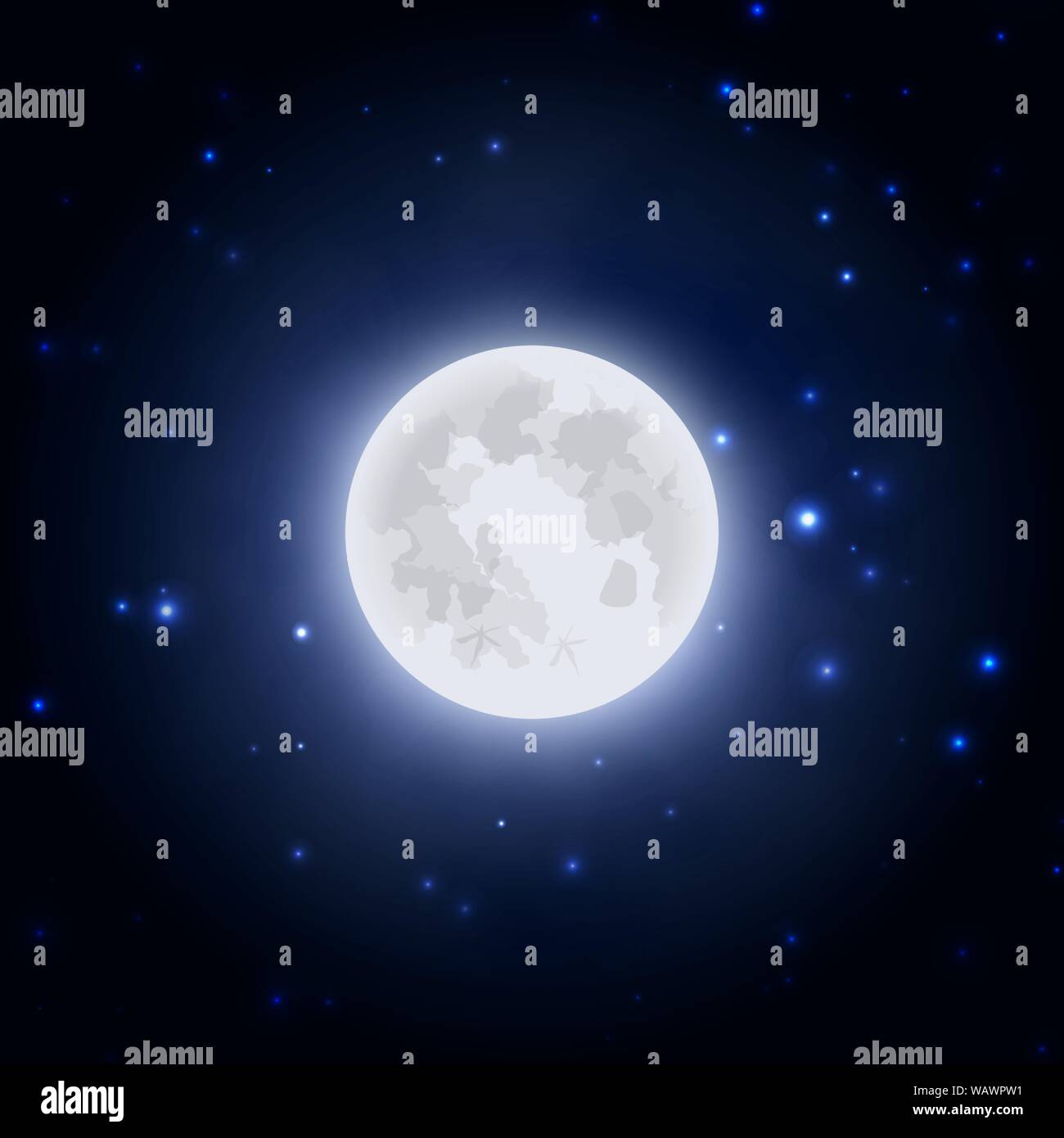 Realistic moon icon on blue dark night sky background, vector ...